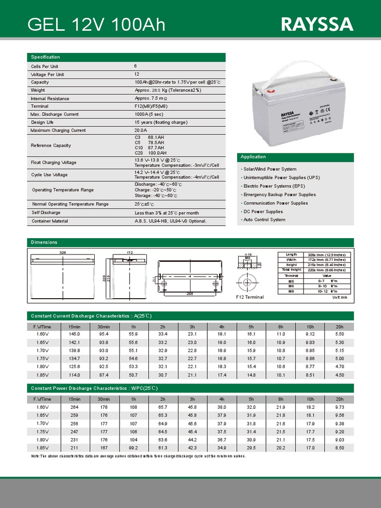 RAYSSA 12V 100Ah Sealed Lead-Acid Battery Specification Sheet: Key ...