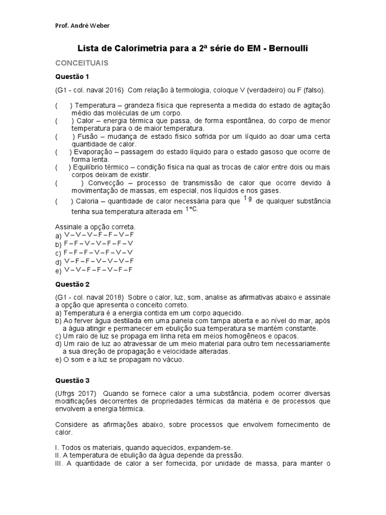 Lista de Calorimetria - BERNOULLI | PDF | Calor | Calorimetria