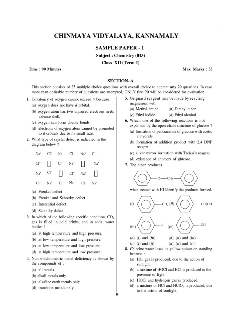 Chinmaya Vidyalaya, Kannamaly: Sample Paper - 1 | PDF | Chlorine | Solution