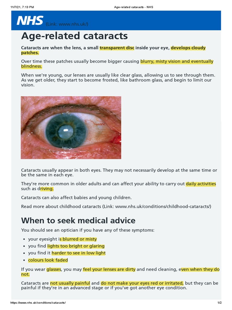 Age-Related Cataracts - NHS | PDF | Cataract | Eye