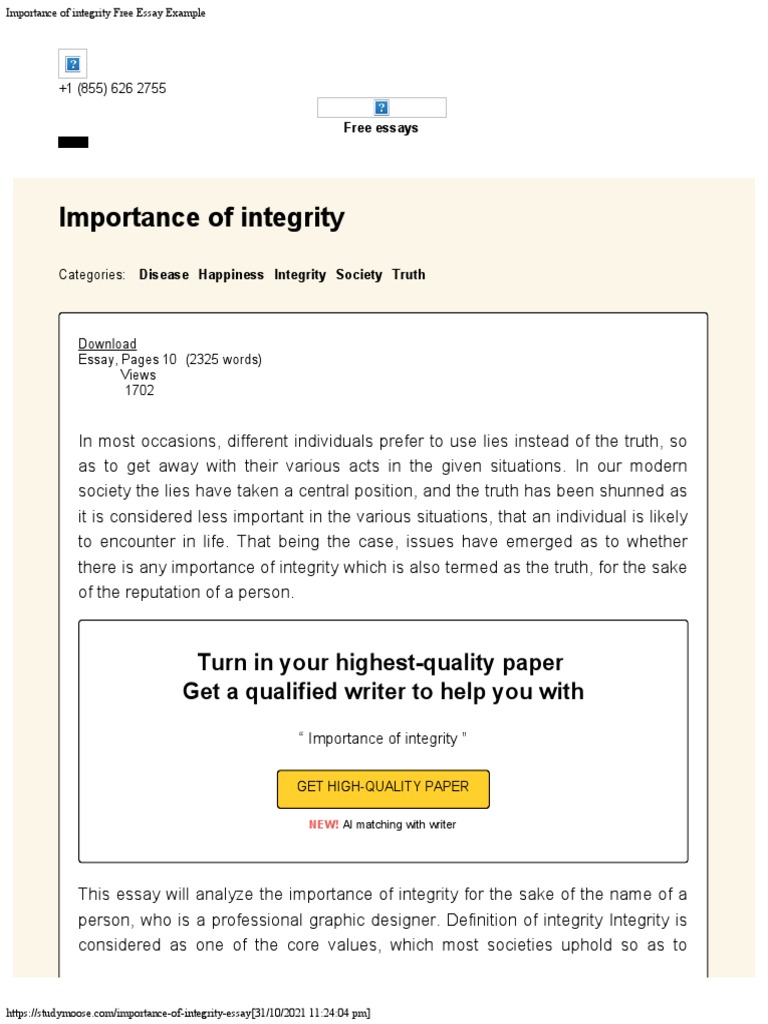 Importance of Integrity Free Essay Example | PDF | Essays | Integrity