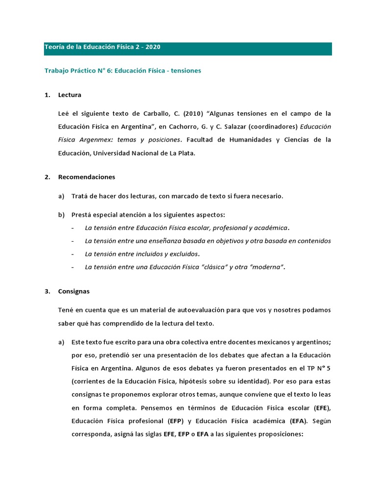 TEF 2 - TP #6 (Educación Física - Tensiones) | Descargar gratis PDF | La naturaleza humana