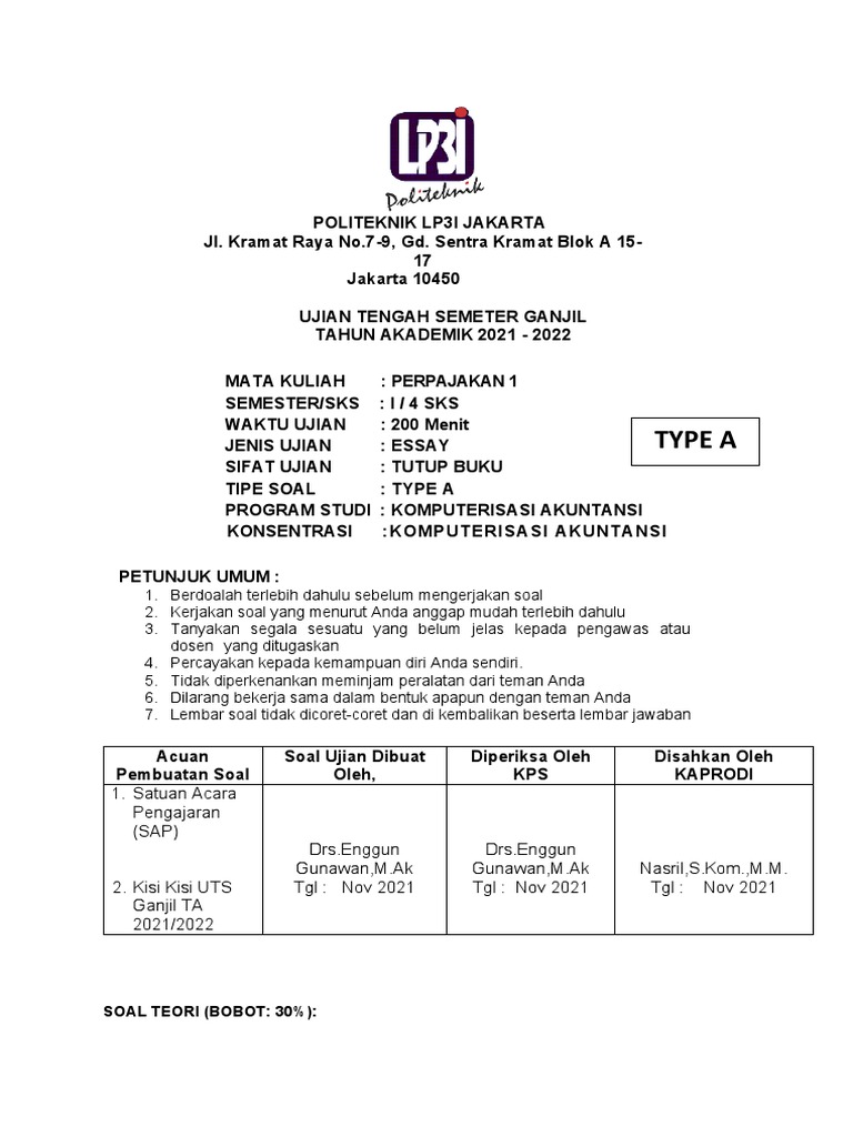 Soal Uts Perpajakan 1 - Ka.024 Type A | PDF