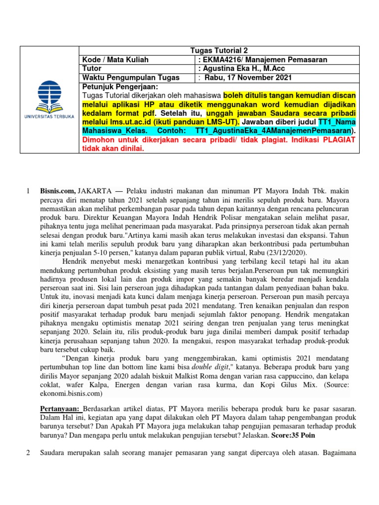 Tugas Tutorial Manajemen Pemasaran EKMA4216 | PDF