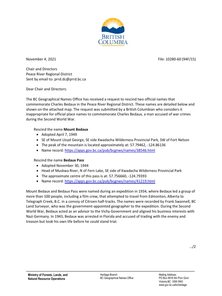 Rescinding of The BC Geographical Names of Mount Bedaux and Bedaux Pass ...