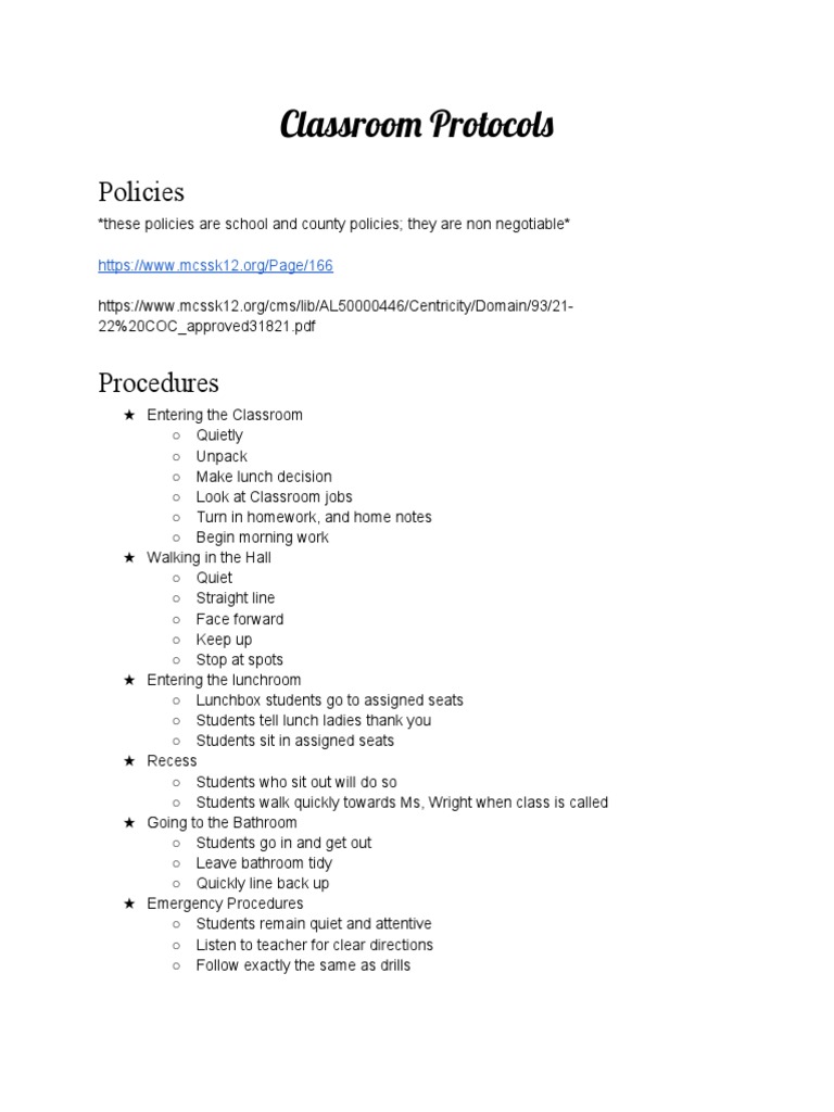 Classroom Protocols For Website | PDF