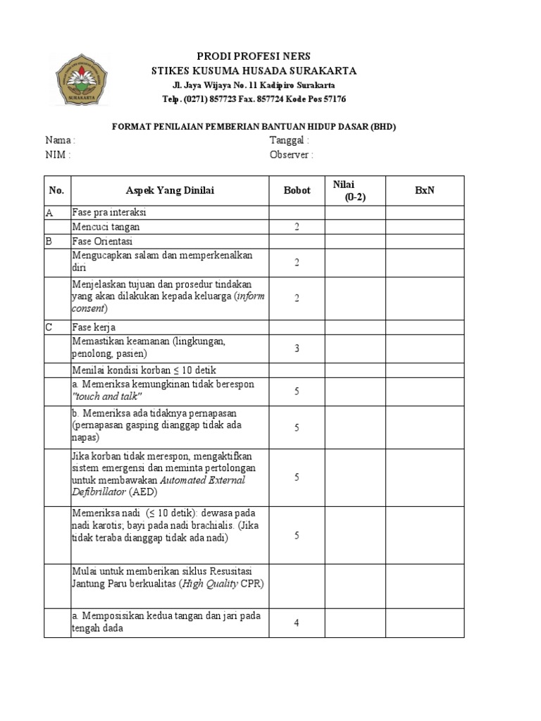 Format Penilaian Pemberian Bantuan Hidup Dasar (BHD) | PDF