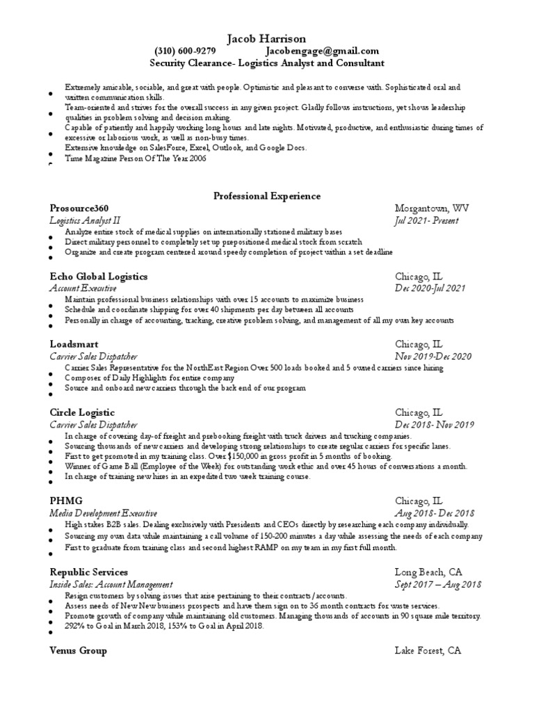 Jacob Resume | PDF | Sales | Logistics