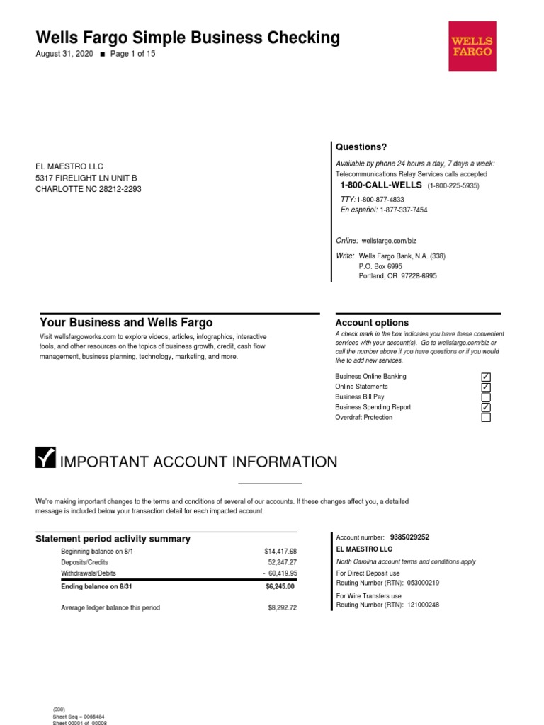 Wells Fargo Simple Business Checking: Important Account Information ...
