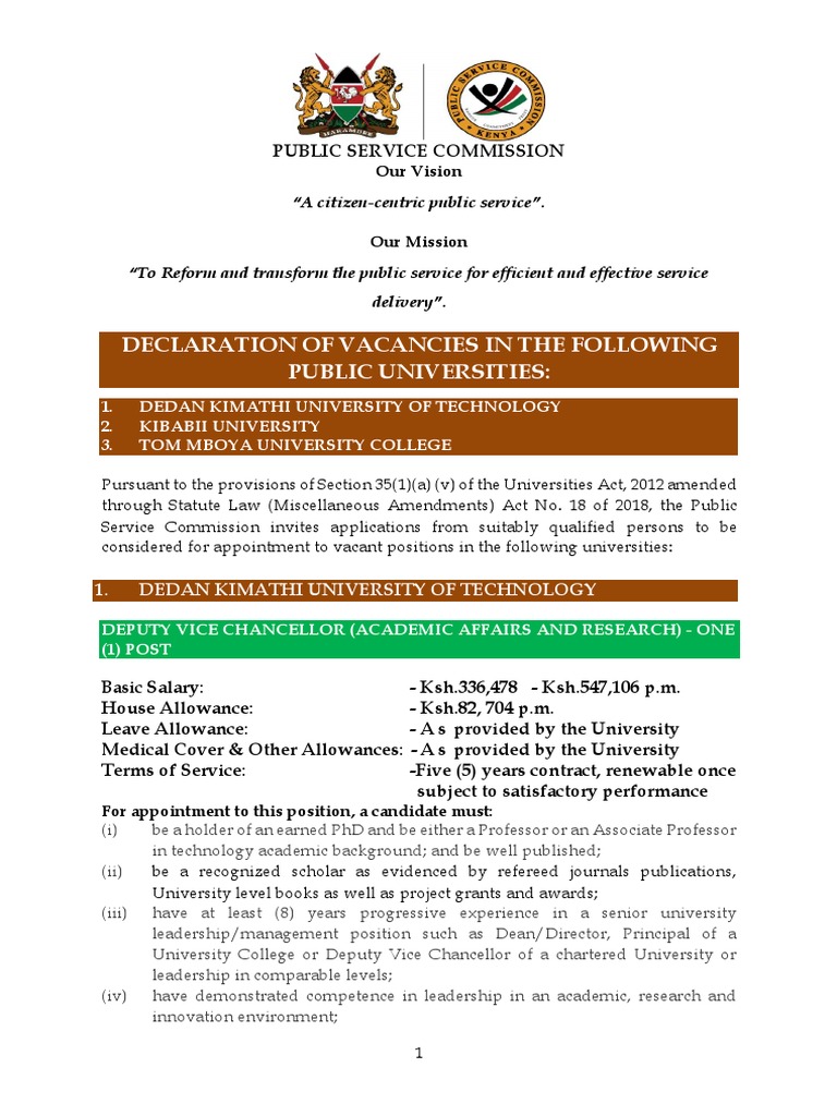 Vacancies in - Dedan Kimathi Kibabii Tom Mboya Universities | PDF ...