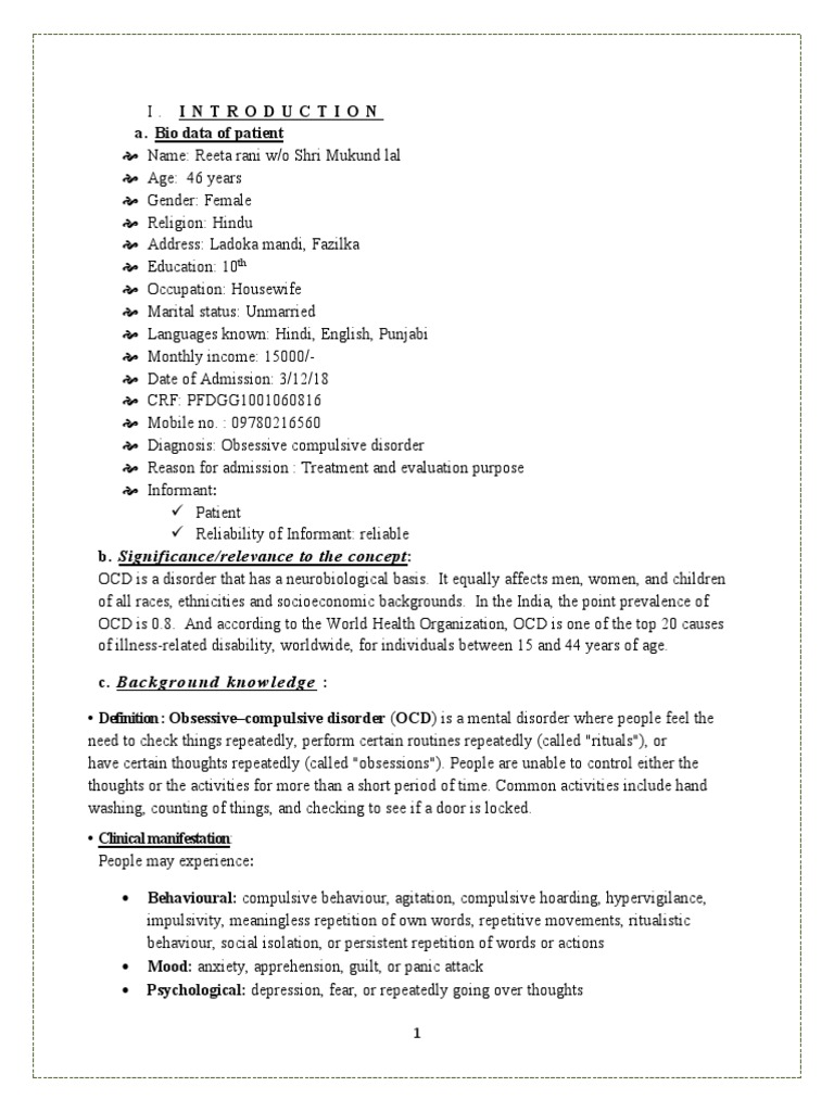 Case Study of Obsessive-Compulsive Disorder | PDF | Obsessive ...
