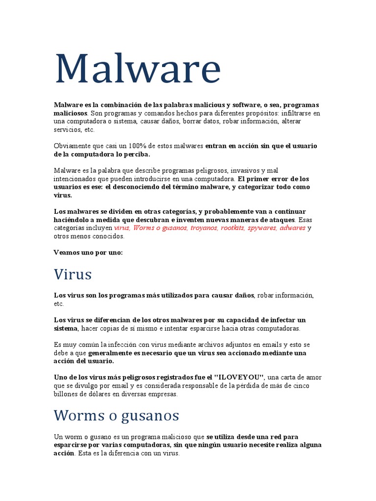 Los diferentes tipos de malware: virus, gusanos, troyanos, rootkits ...