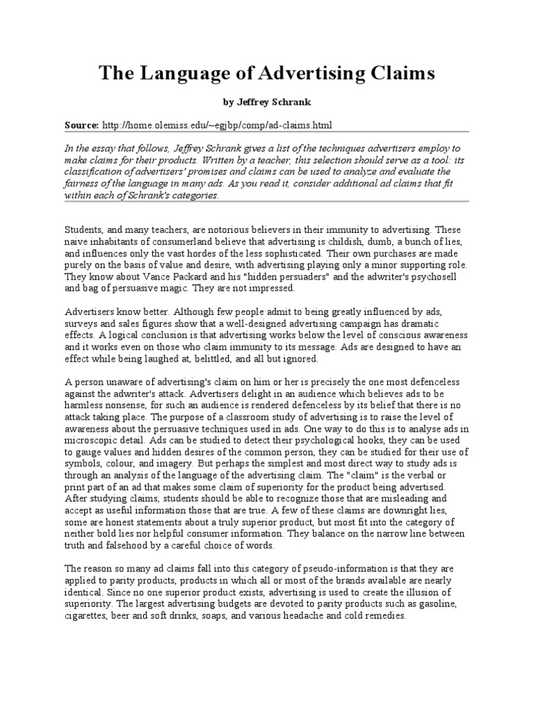 The Language of Advertising Claims: by Jeffrey Schrank Source: Http ...