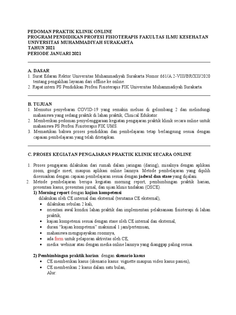 0121 - Pedoman - Praktik Profesi Fisioterapi - Stase Klinis - Angkatan V - New Normal Pandemi ...
