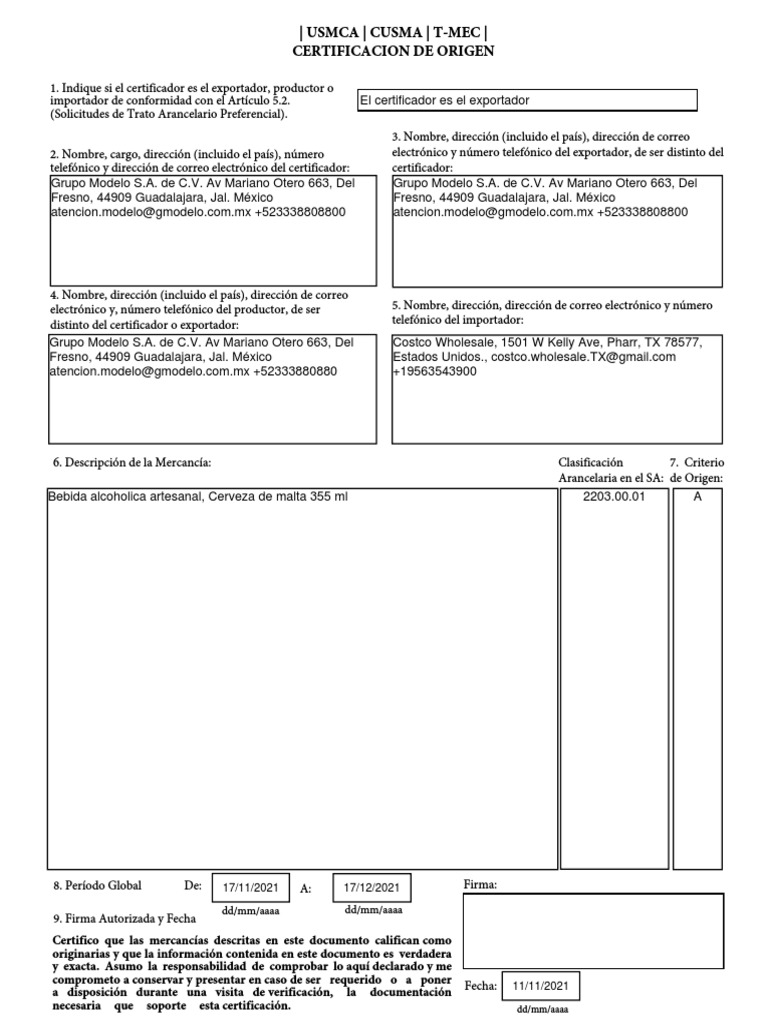 4M USMCA CUSMA T MEC Certification of Origin Grupos Modelo | PDF | Cerveza