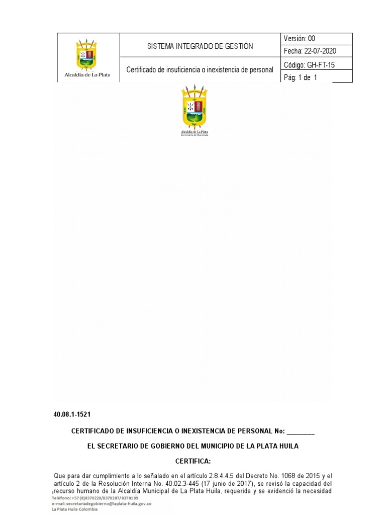 GH-FT-15 Formato Certificado Insuficiencia Personal 2021 JCR | PDF