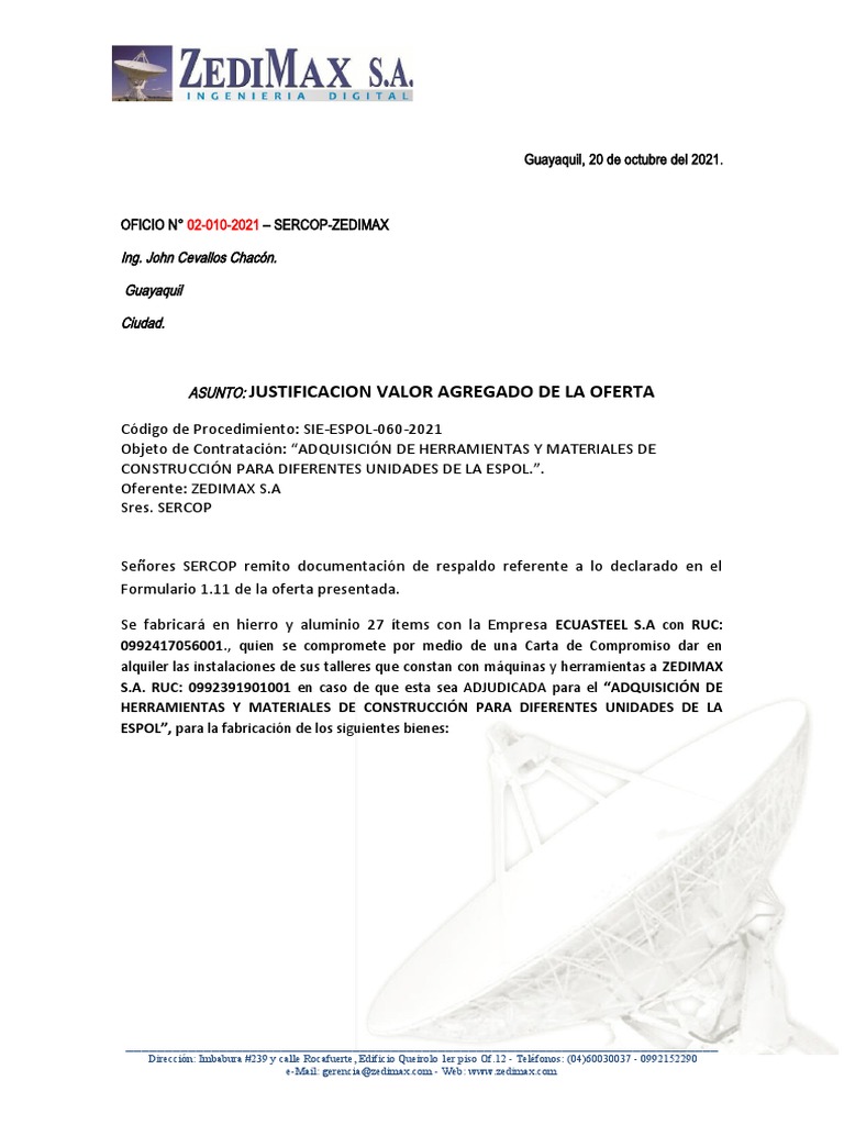 Oficio Respuesta Sercop - 20!10!2021 | PDF | Subasta | Materiales de construcción