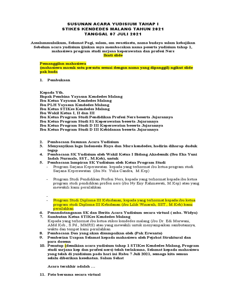 SUSUNAN ACARA YUDISIUM TAHAP I Tahun 2021 Virtual | PDF