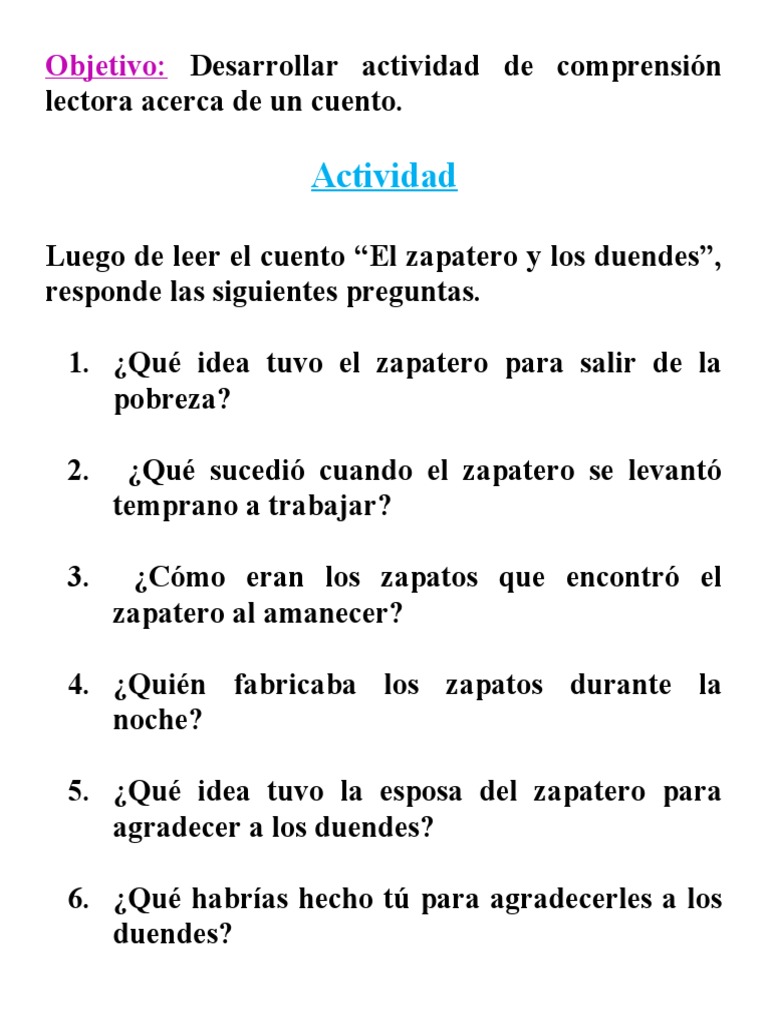 Actividades de comprensión: El zapatero y los duendes | PDF
