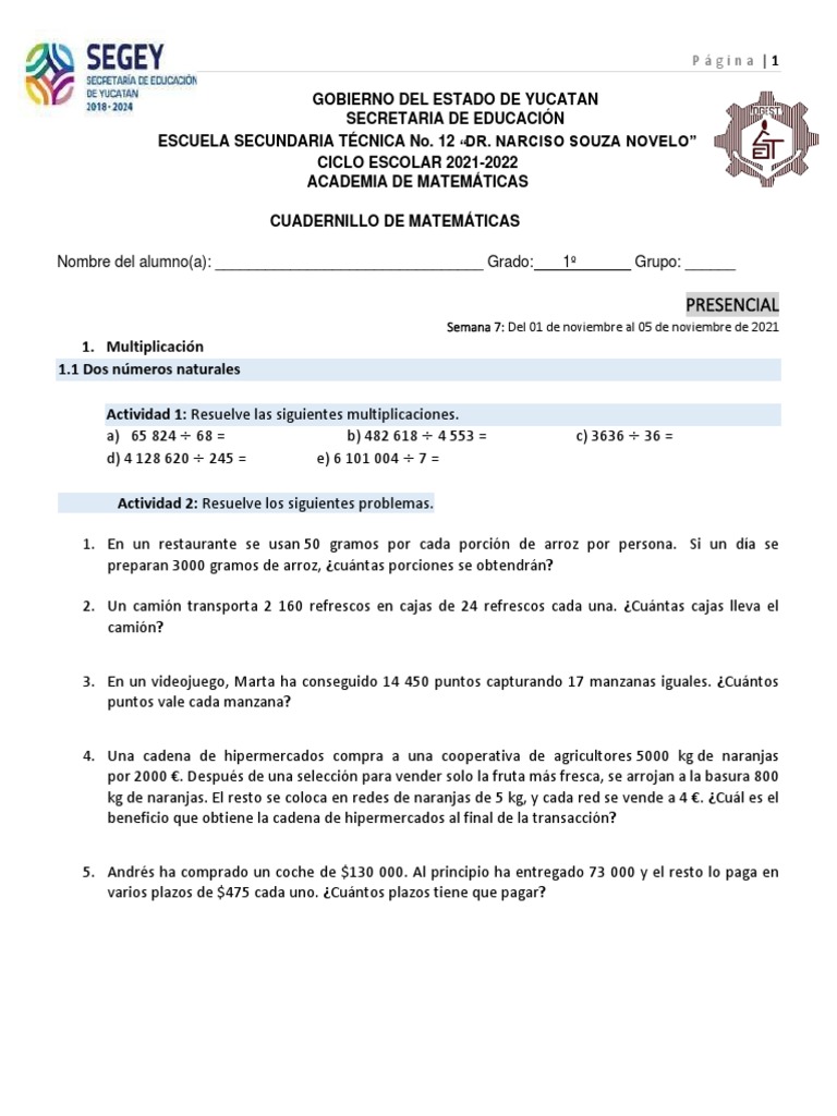 Sem 7 y 8 - 1er Grado - La División - Ejer y Probl - Acad Mate - 060331 | PDF | Aritmética