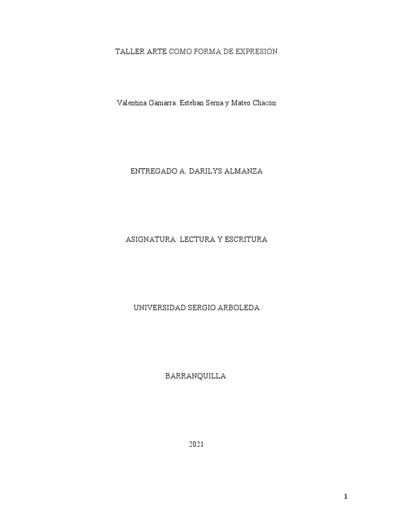 Arte Como Forma de Expresiã - N.doc - Gamarra Valentina, Serna Esteban, Chacã - N Mateo | PDF ...