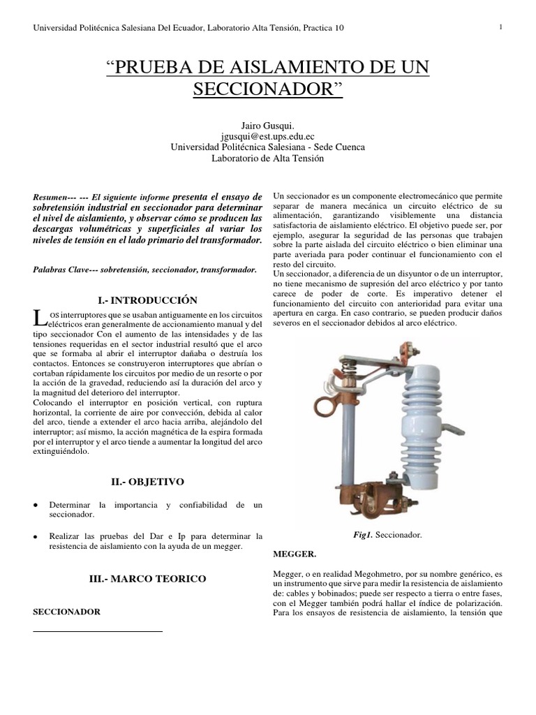 Prueba de Aislamiento de Un Seccionador | PDF | Aislador (Electricidad) | Electricidad