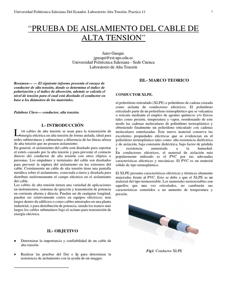 Prueba de aislamiento del cable de alta tensión | PDF | Aislador (Electricidad) | Alto voltaje