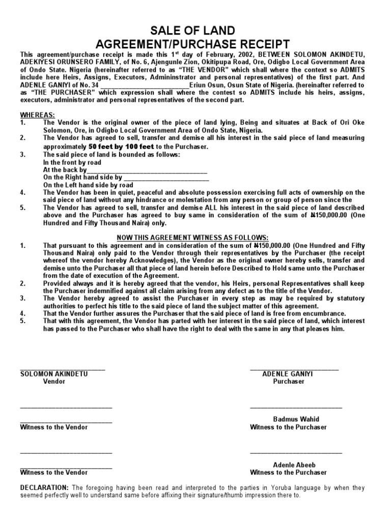 Sale of Land Agreement/Purchase Receipt: 50 Feet by 100 Feet To The ...