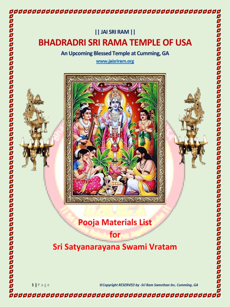 Sri Satyanarayana Swami Vratam Pooja Materials List | PDF