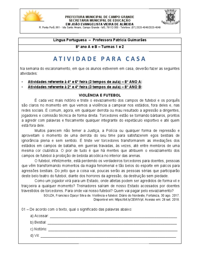 8ºAeB Aula Programada e 3 Atividade para Casa | PDF | Futebol