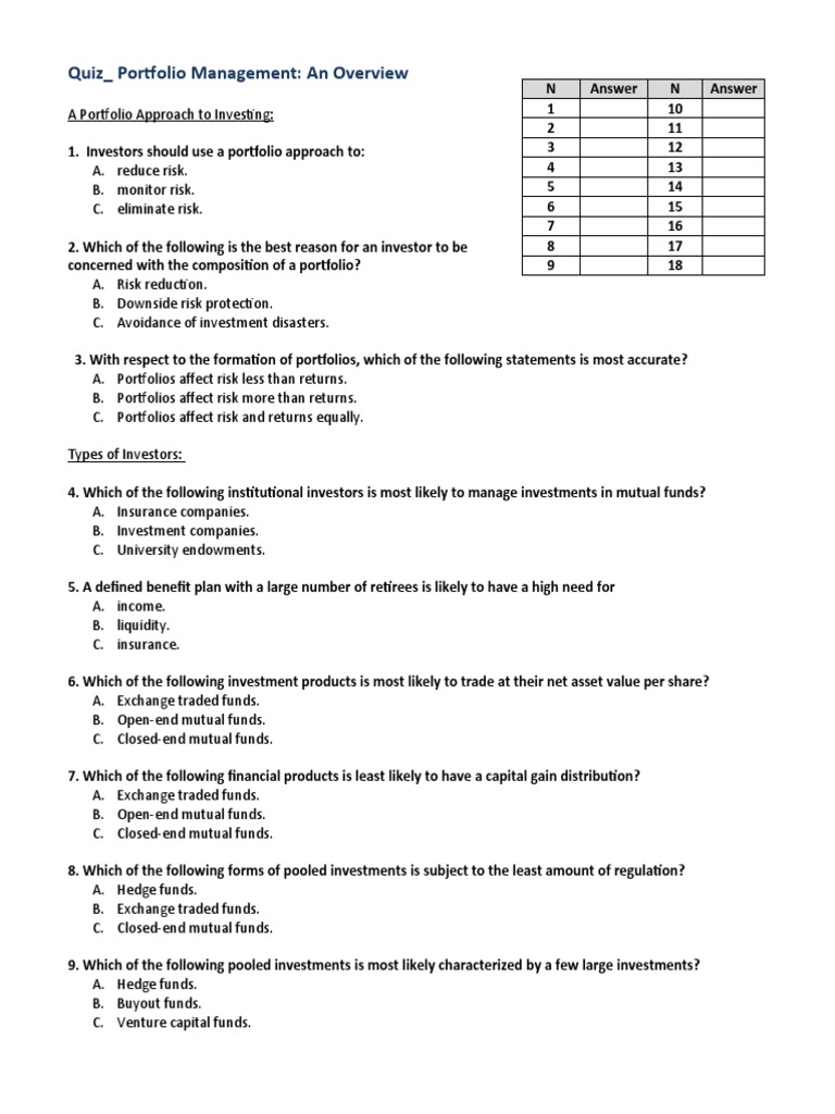 Portfolio Management Quiz Overview | PDF | Mutual Funds | Investing