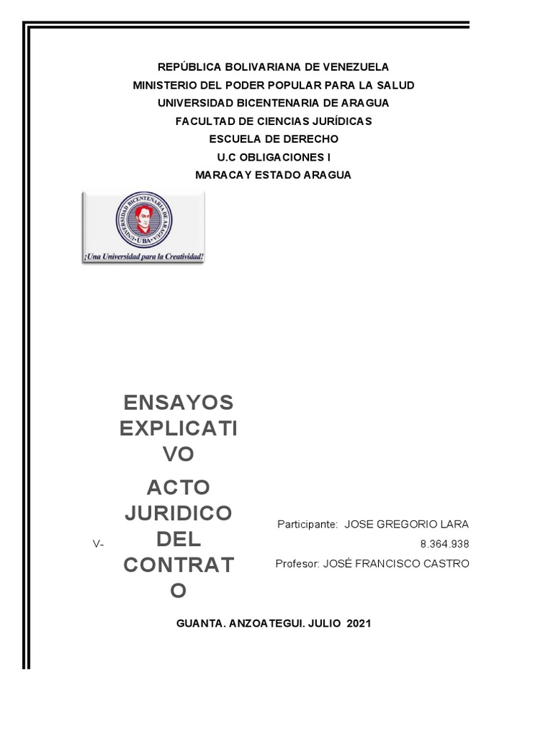 Ensayo Explicativo Acto Juridico Del Contrato Eve | PDF | Justicia | Derecho civil (sistema legal)