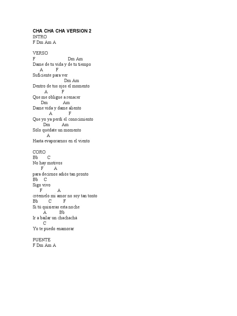 Letra de Cha Cha Cha Versión 2 | PDF