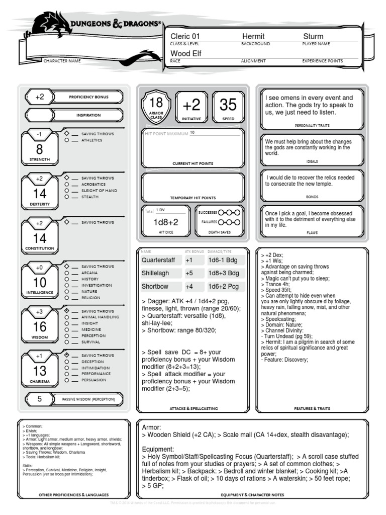 Cleric Character Sheet | PDF | Role Playing Games