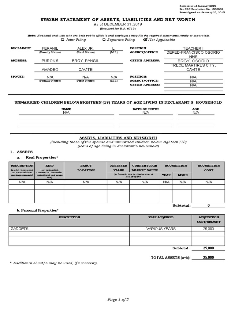 2019 SALN Form | PDF | Net Worth | Economies