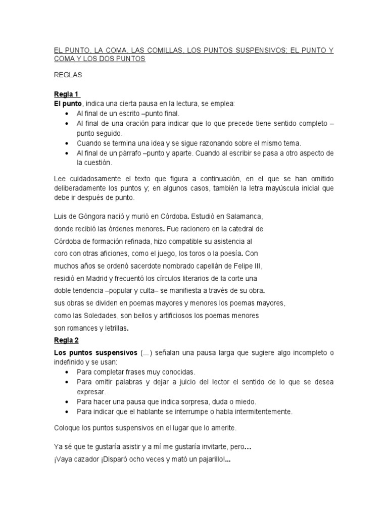 Reglas ortográficas sobre el uso de puntos, comas, comillas, puntos suspensivos, punto y coma y ...