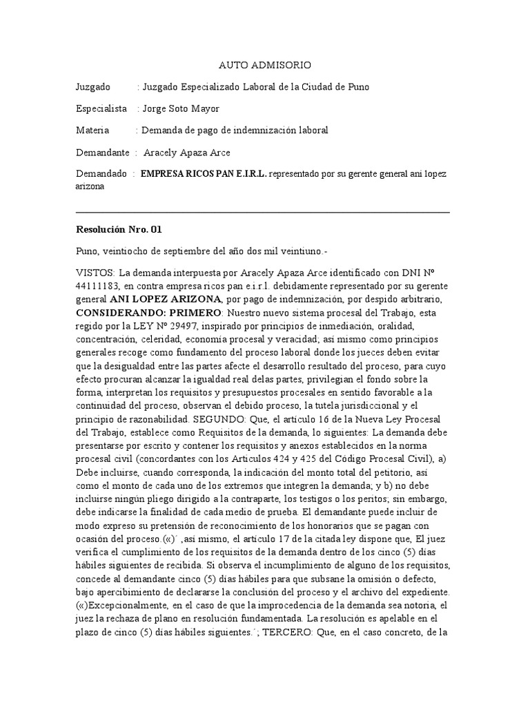 Auto Admisorio Laboral TC 1 | PDF | Demanda judicial | Ley procesal