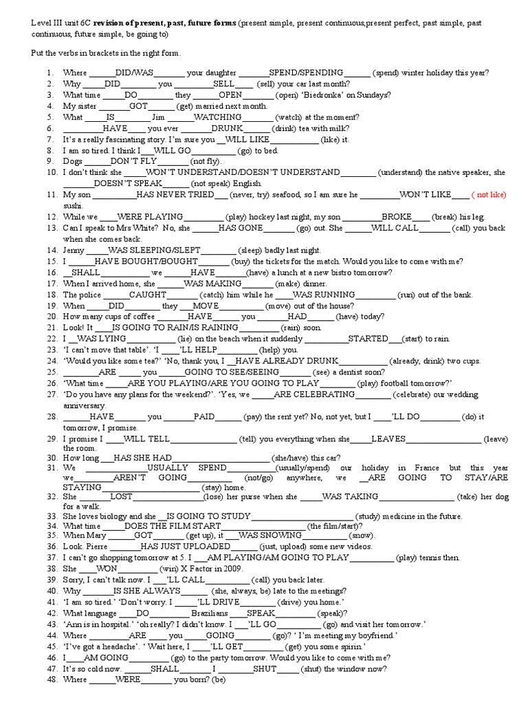 Verb Tenses Review Worksheet | PDF