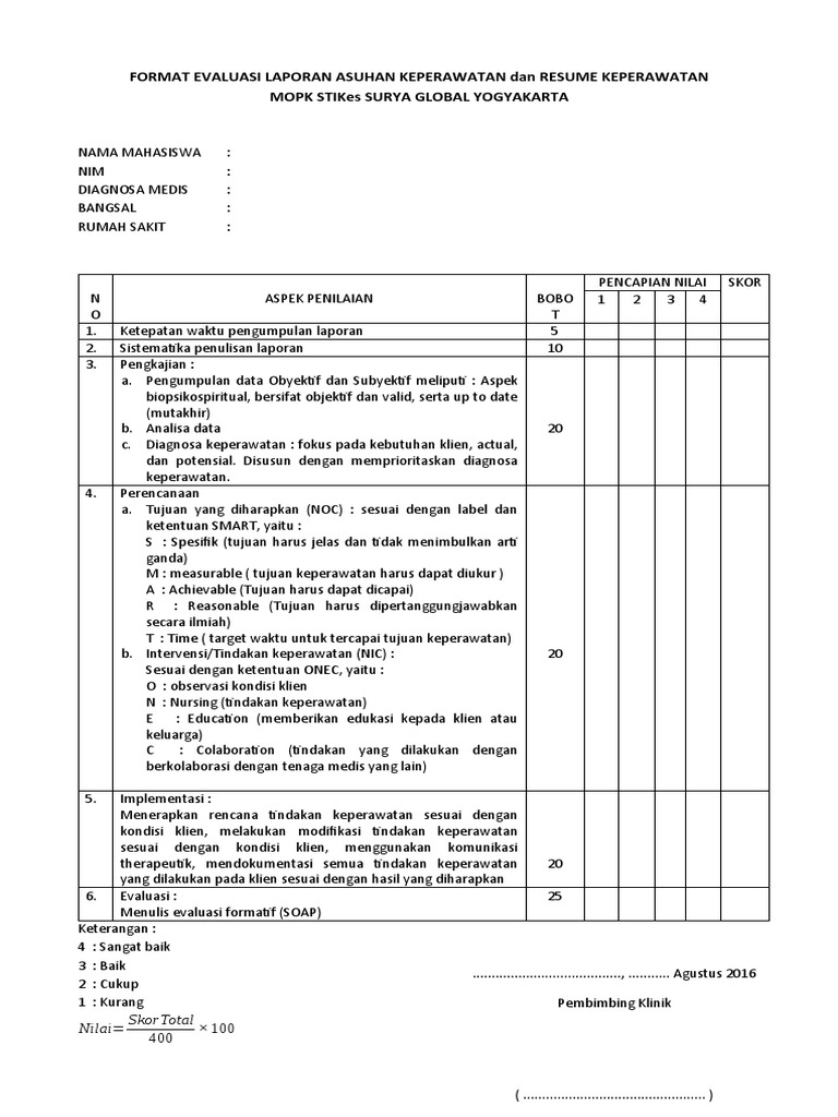 FORMAT EVALUASI LAPORAN ASUHAN KEPERAWATAN Dan RESUME KEPERAWATAN | PDF