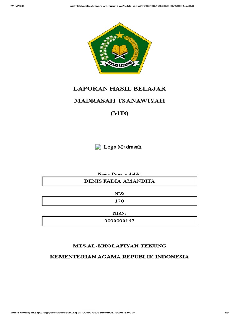 Laporan Hasil Belajar Madrasah Tsanawiyah (MTS) | PDF