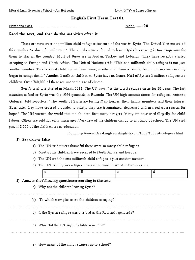 The First Test of English | PDF | Syria | Refugees Of The Syrian Civil War