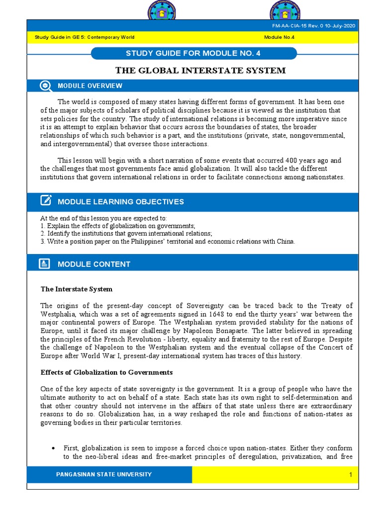 He Global Interstate System: Study Guide For Module No. 4 | PDF ...