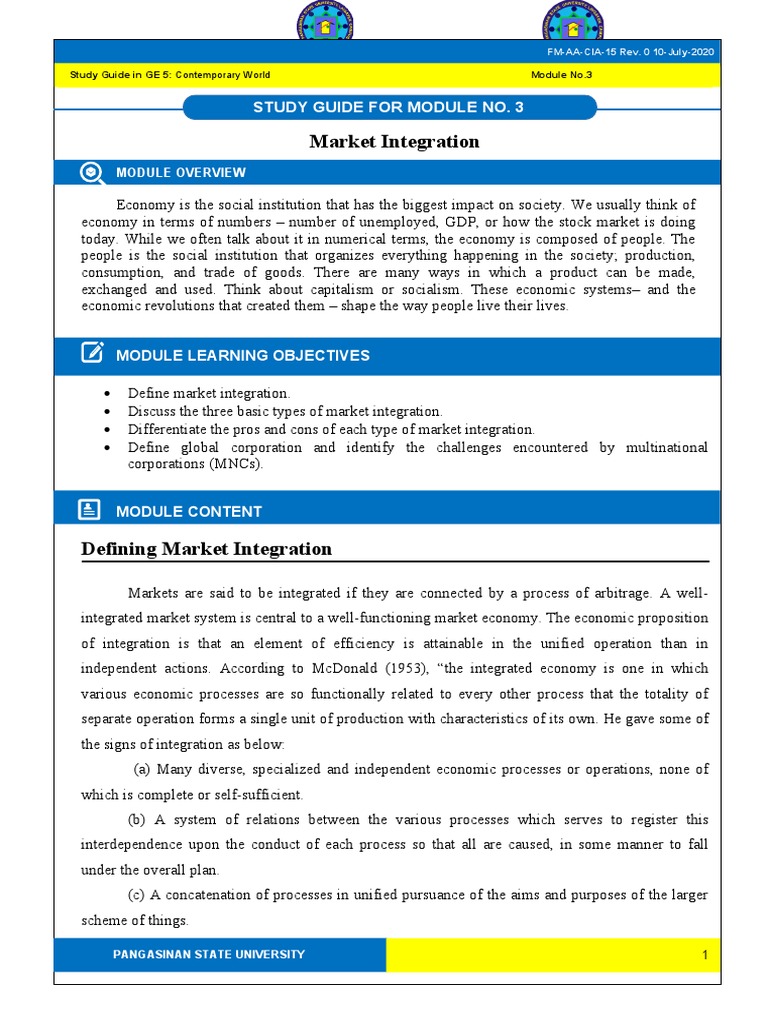 Market Integration: Study Guide For Module No. 3 | PDF | Multinational ...