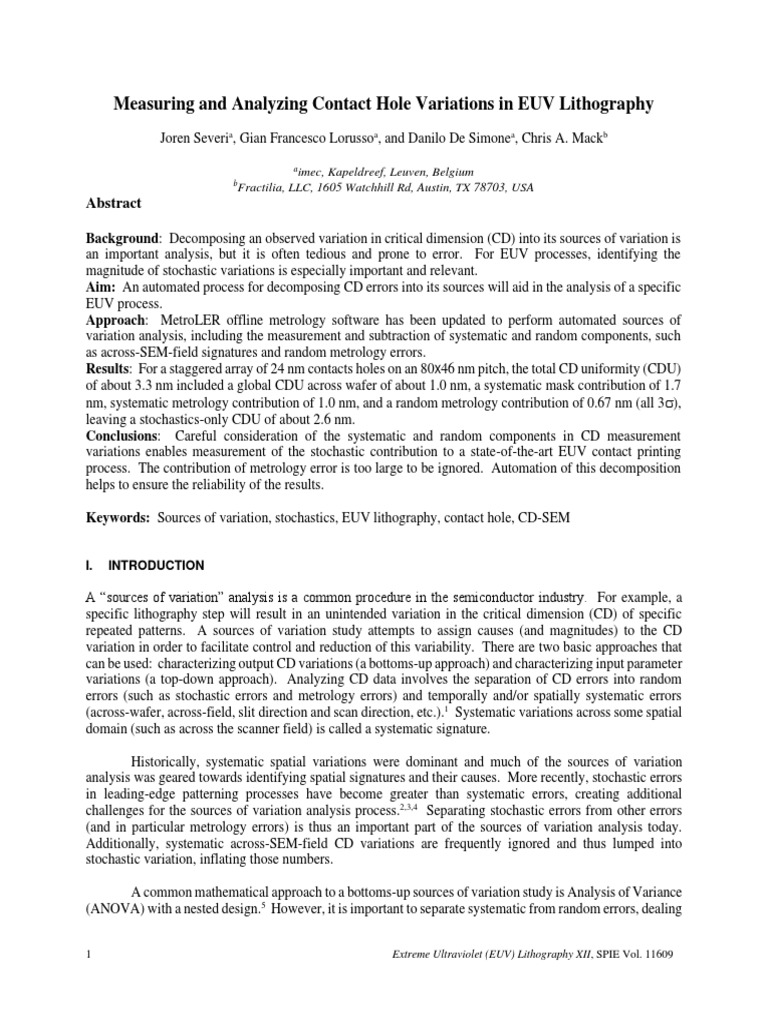 EUV Lithography CD Variation Analysis | PDF | Photolithography | Materials
