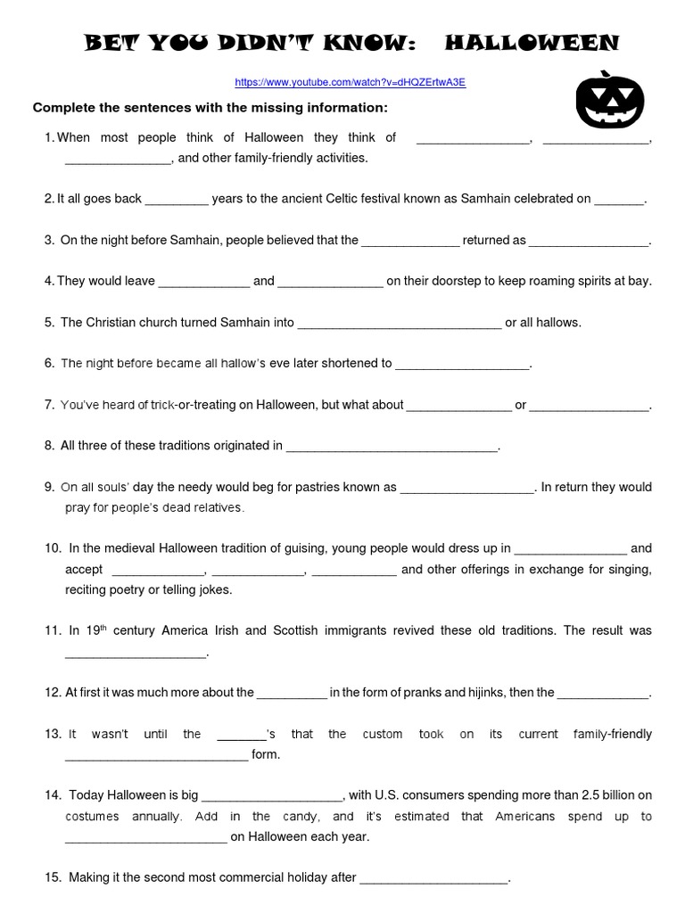 Bet You Didn'T Know: Halloween: Complete The Sentences With The Missing ...