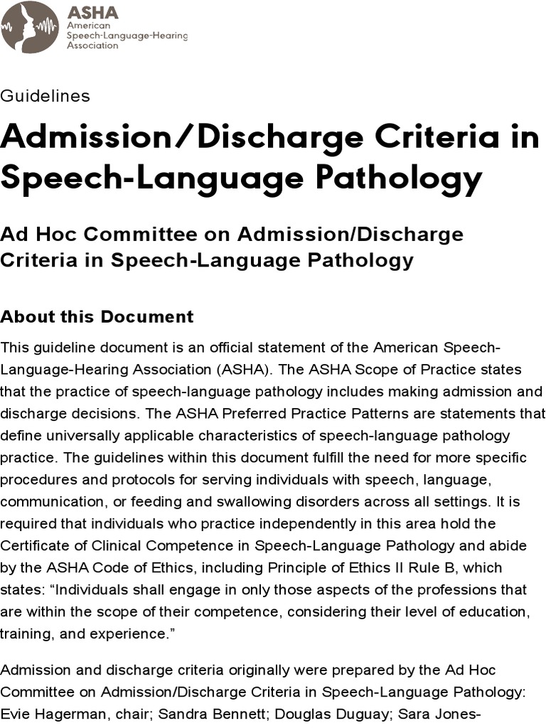 Admission:Discharge Criteria in Speech-Language Pathology - ASHA | PDF ...