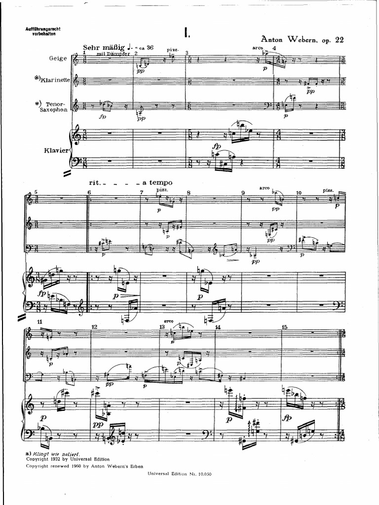 A. Webern - Op. 22 - Quartet For Violin, Clarinet, Saxophone and Piano - Score | PDF