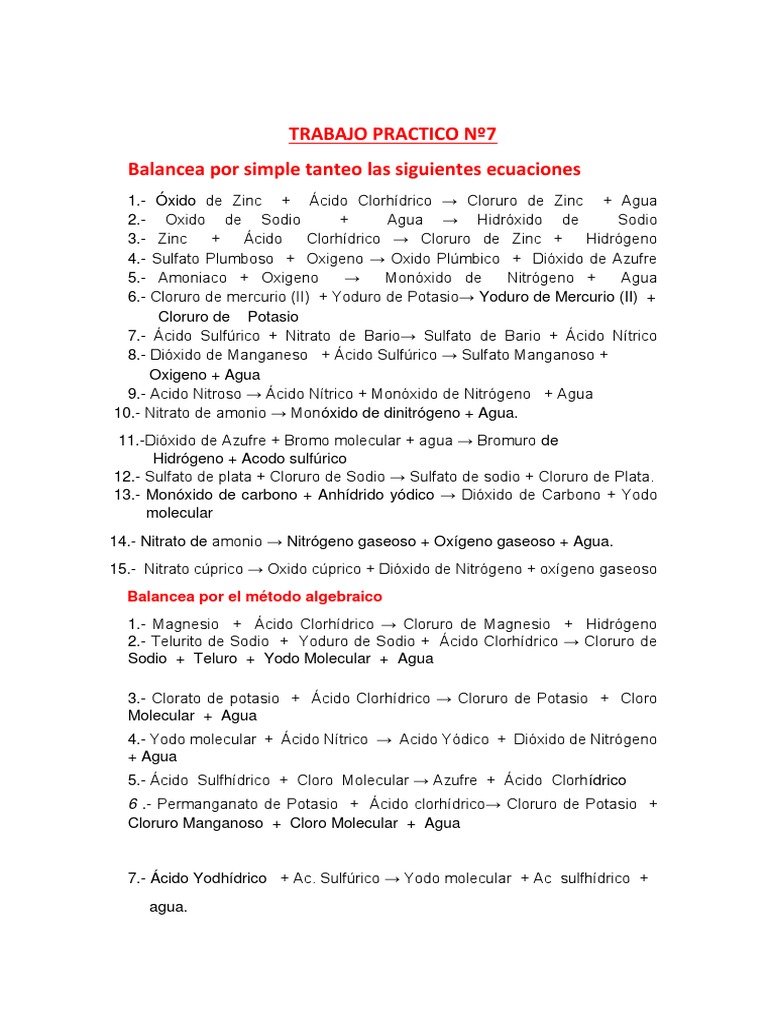 Metodo Del Simple Tanteo y Algebraico | PDF | Cloro | Ácido sulfúrico