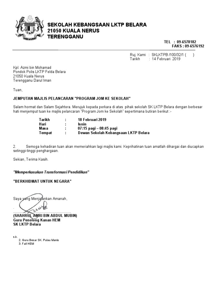 Surat Jemputan Perasmi Ke Program Jom Ke Sekolah 2019 | PDF