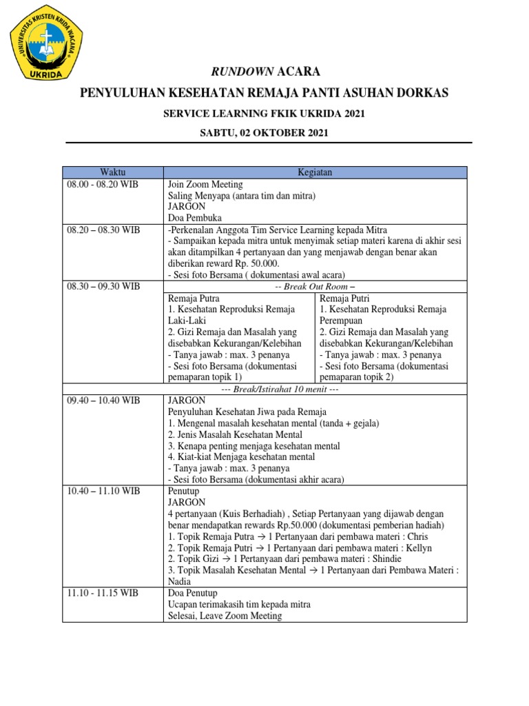 Rundown Acara Service Learning, Sabtu 2 Oktober 2021 | PDF | Karier & Perkembangan